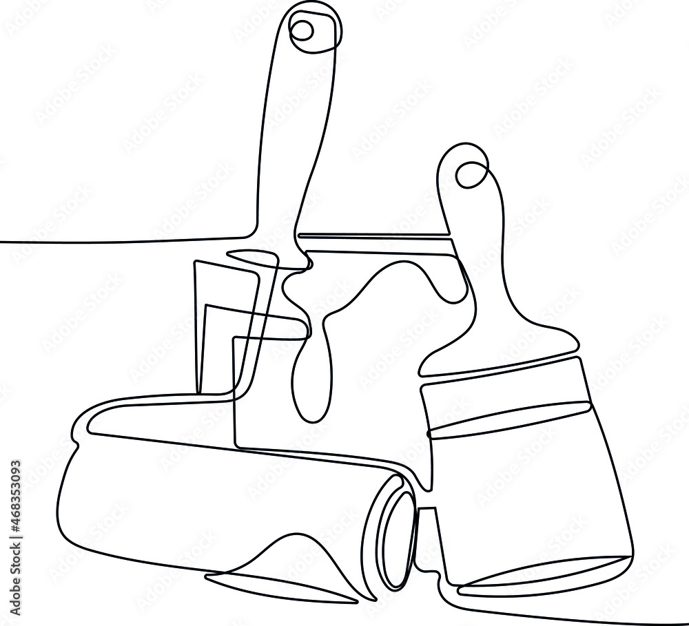 Continuous one line drawing of roller brush, brash and jar of paint ...