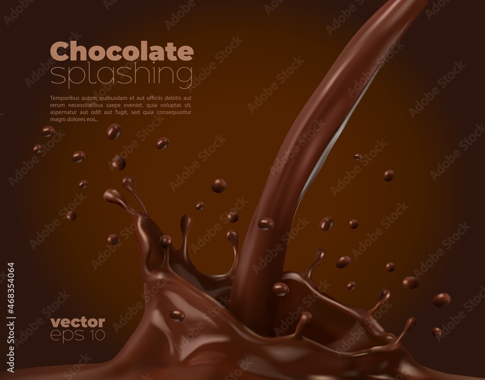 Vetor de Chocolate or cocoa milk flow with corona splash and splatters ...