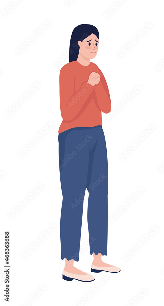 Nervous woman clasped hands together semi flat color vector character ...