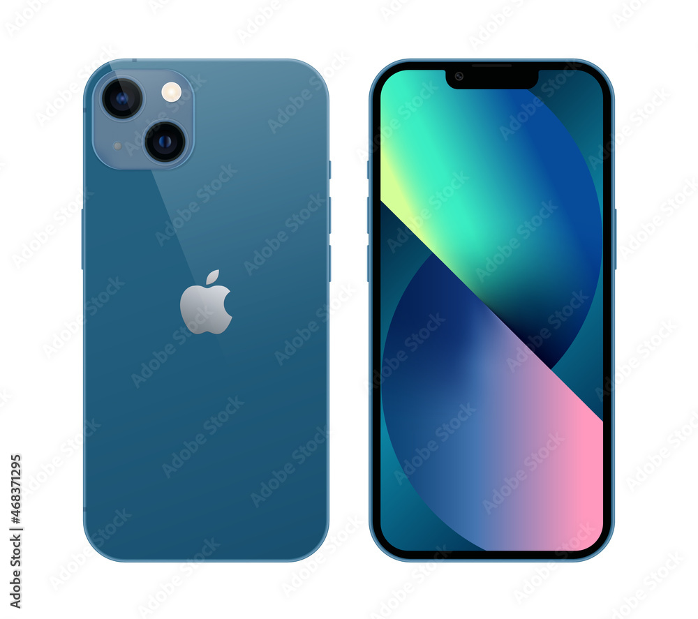 Smart phone Apple iPhone 13 in front and back sides, in official blue ...
