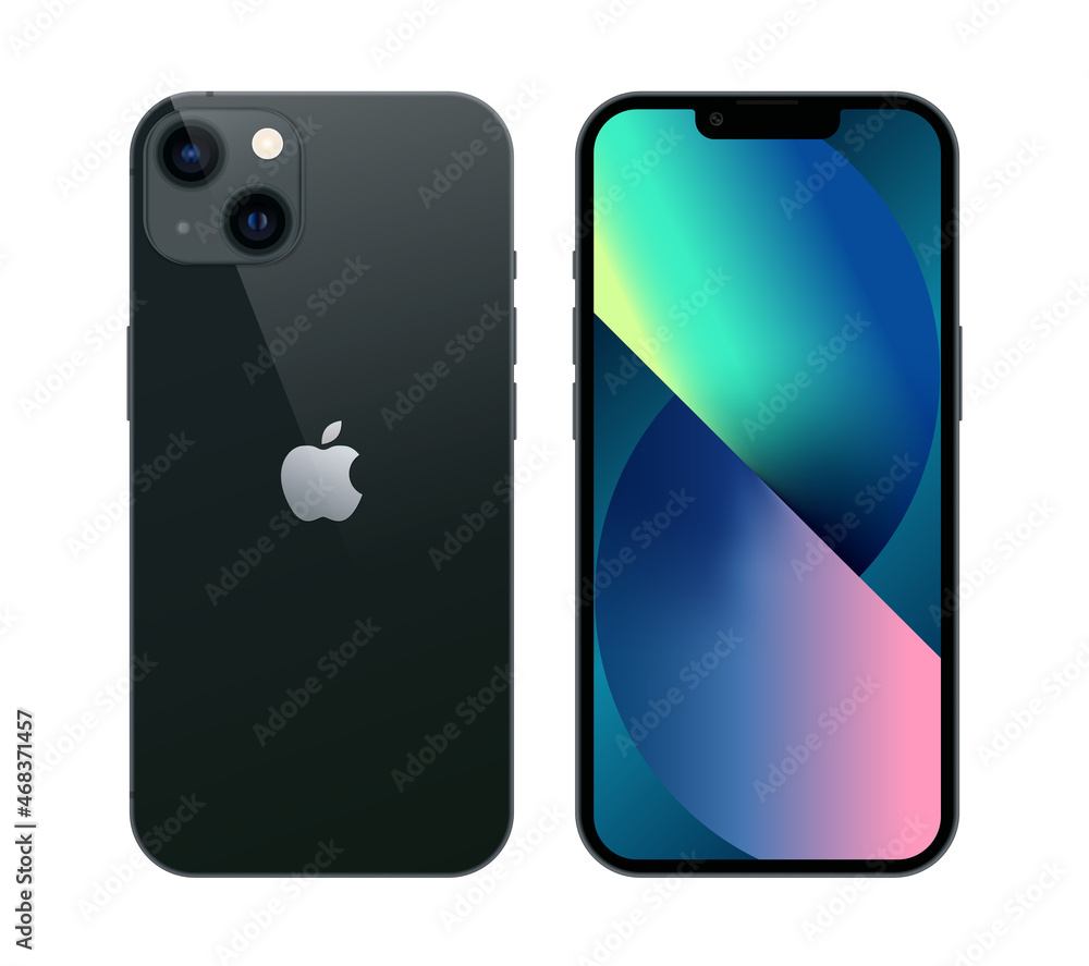 Smart phone Appe iPhone 13 in front and back sides, in official black ...