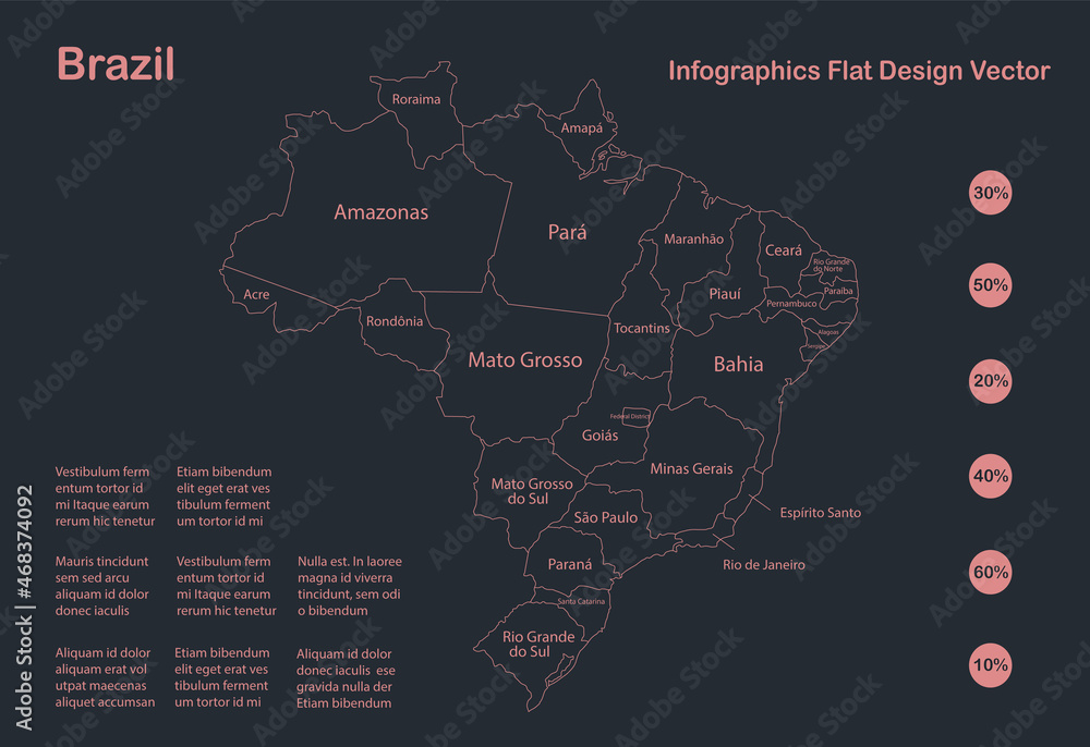 Infographics Brazil map outline, flat design, color blue orange vector ...