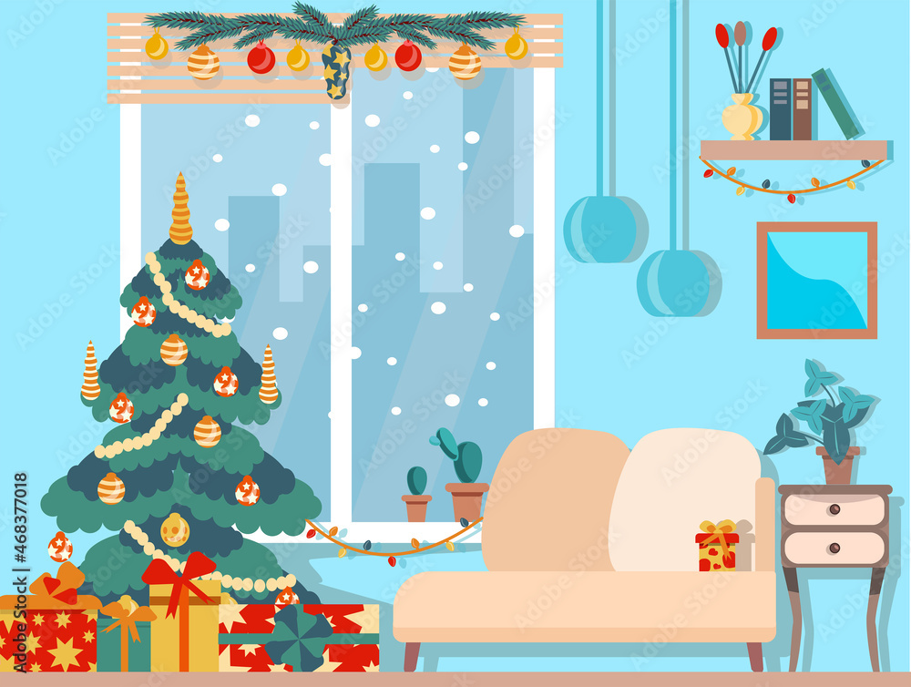 interior of the cozy living room is decorated for Christmas. A large ...