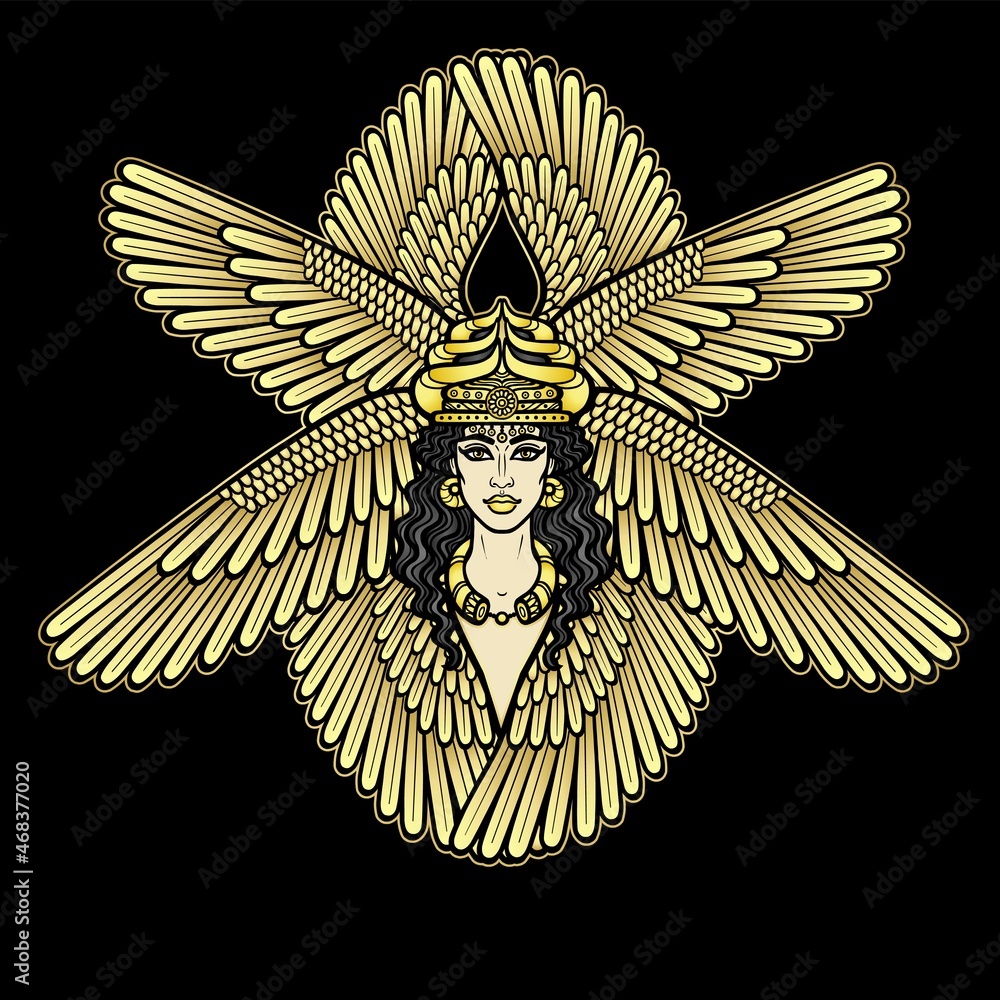 Cartoon drawing: beautiful woman in a horned crown with eight wings, a ...