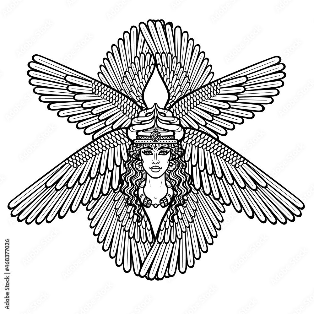 Cartoon drawing: beautiful woman in a horned crown with eight wings, a ...