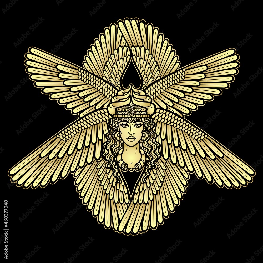 Cartoon drawing: beautiful woman in a horned crown with eight wings, a ...