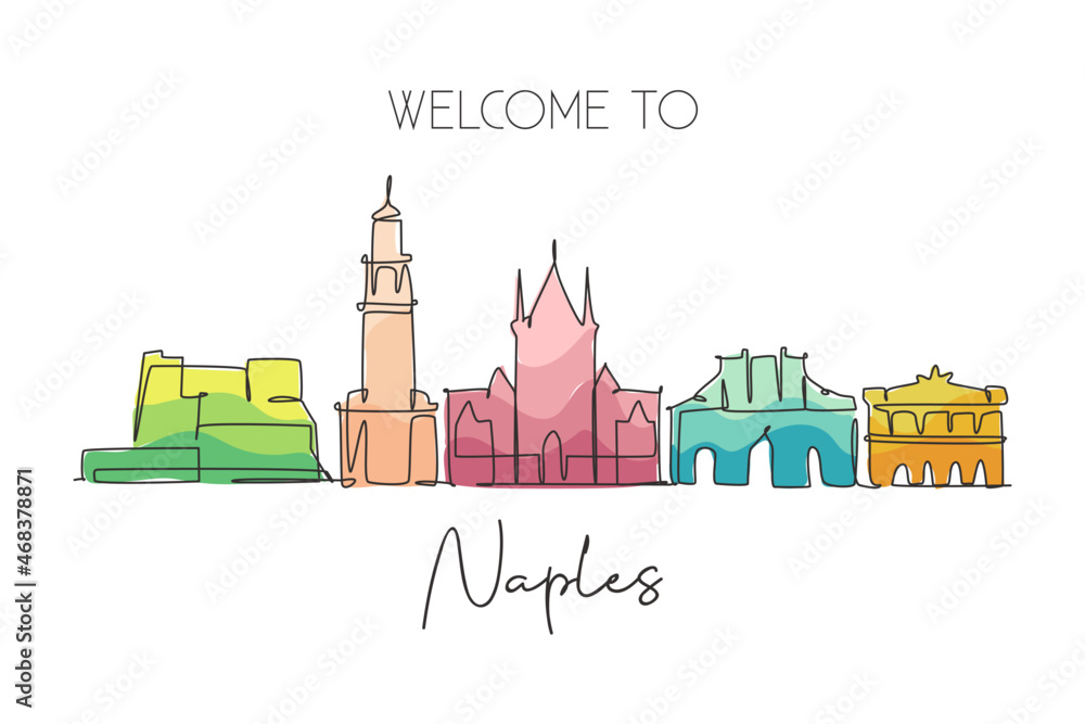 One single line drawing of Naples city skyline, Italy. Historical ...