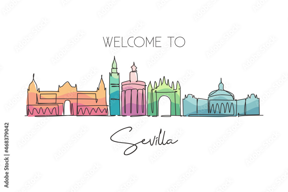One continuous line drawing of Sevilla city skyline, Spain. Beautiful ...