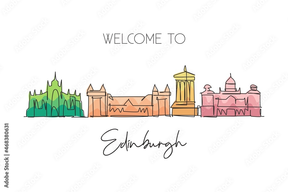 One continuous line drawing of Edinburgh city skyline, Scotland ...