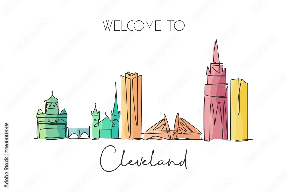 One single line drawing of Cleveland city skyline, USA. Historical town ...