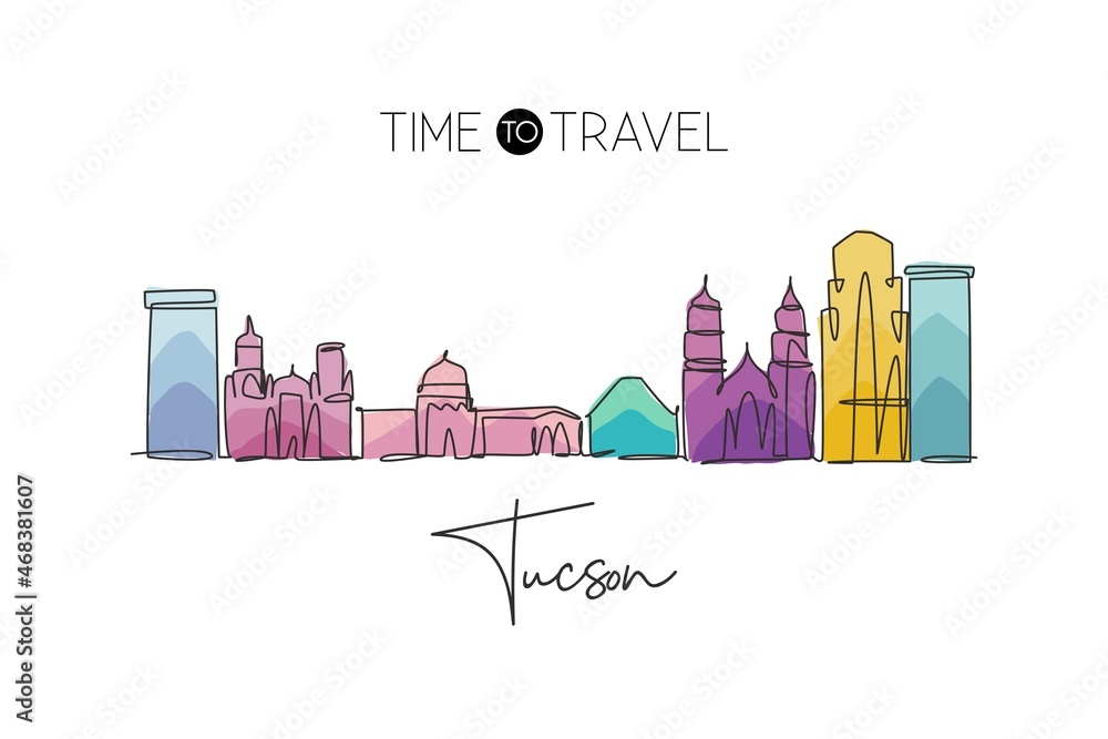 One single line drawing of Tucson city skyline, Arizona. Historical ...