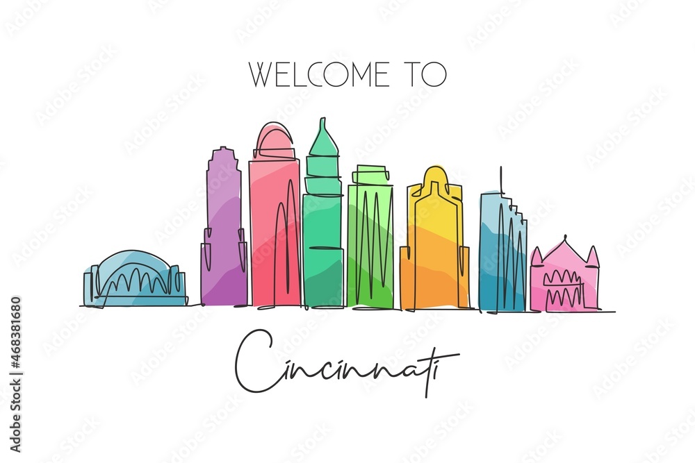 One single line drawing of Cincinnati city skyline, Ohio. Historical ...