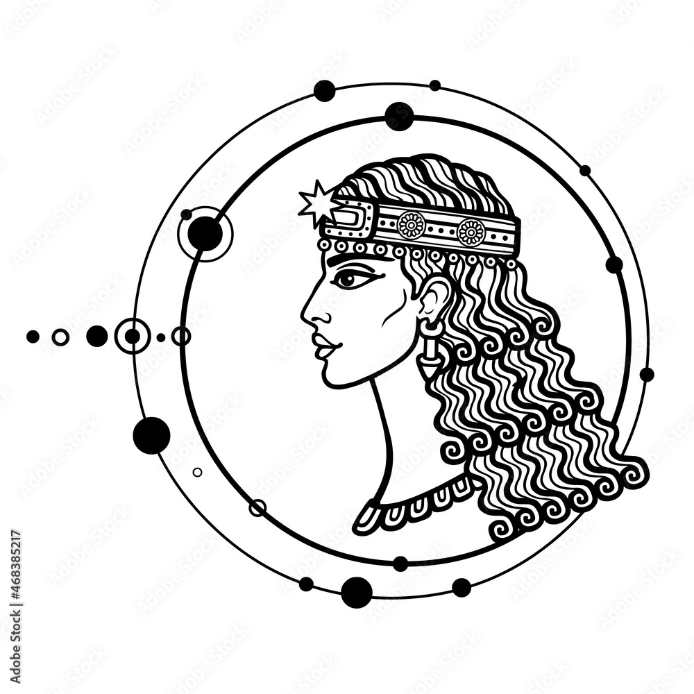 Cartoon drawing: beautiful woman, character in Assyrian mythology ...
