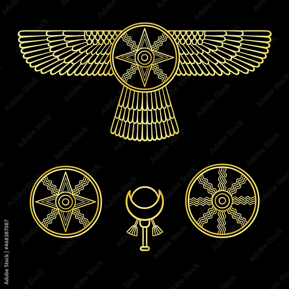 Vecteur Stock Cartoon drawing: ancient Sumerian symbols. Winged star ...