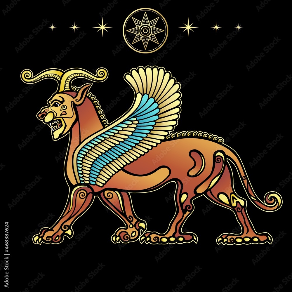 Animation drawing: sphinx horned lion with wings, character in Assyrian ...