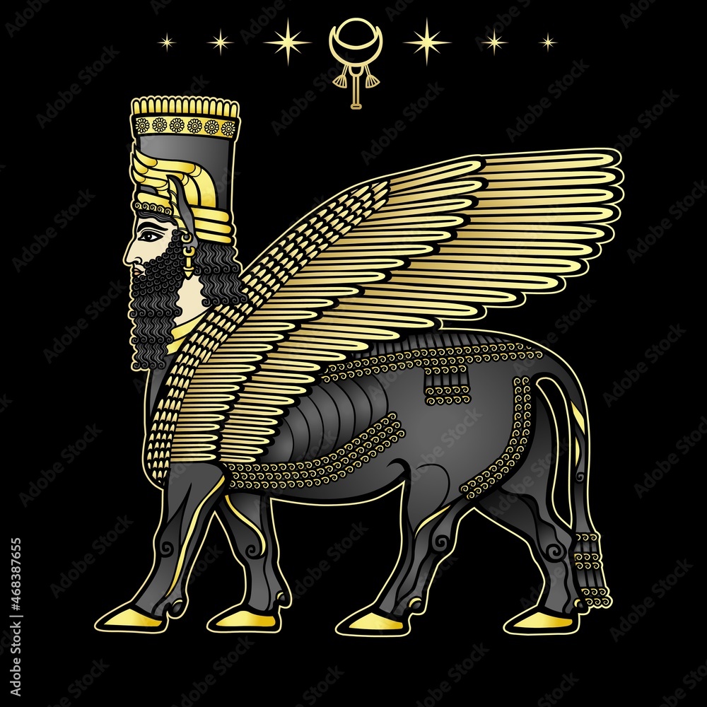 Animation drawing: Assyrian mythical deity Shedu - winged bull with ...