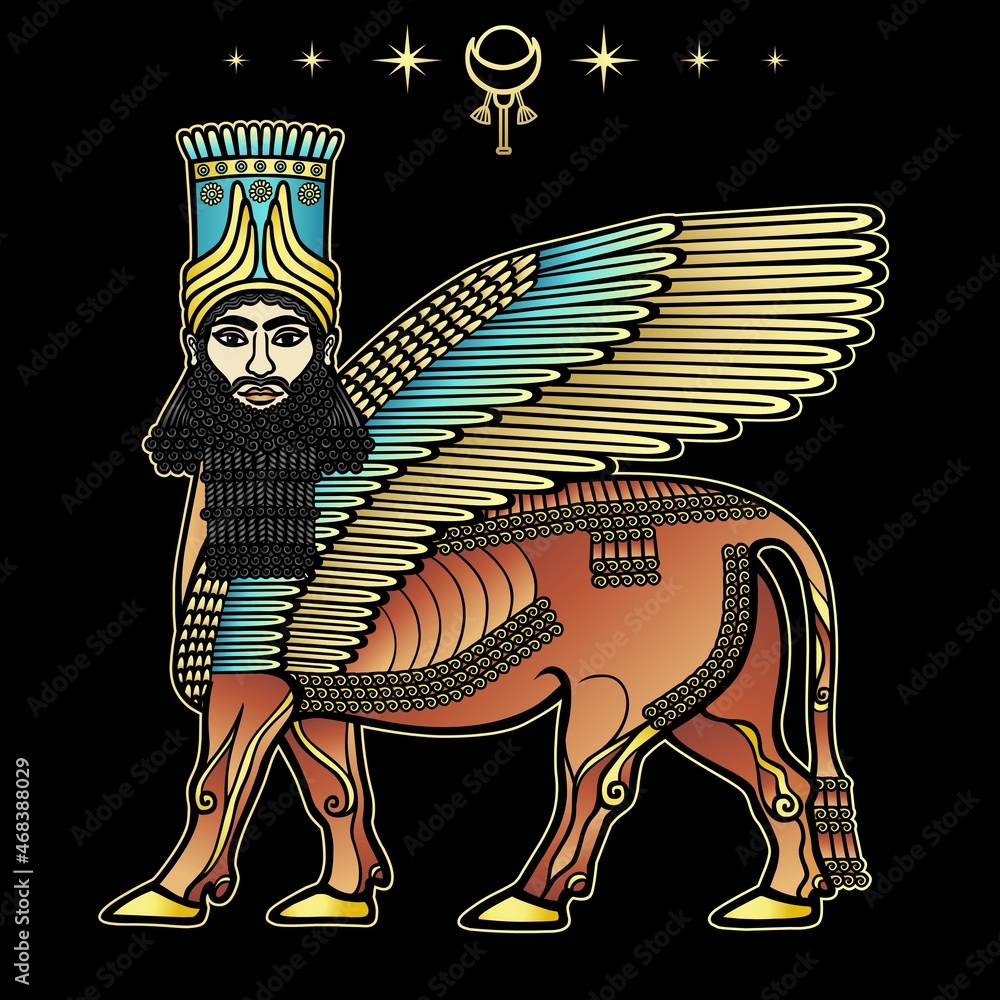 Animation drawing: image of the Assyrian mythical deity Shedu: a winged ...