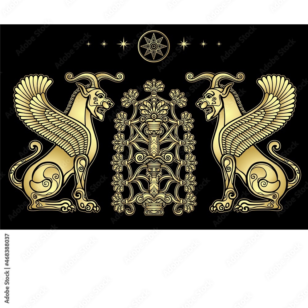 Animation drawing: sphinx horned lions guard the fertility tree, star ...