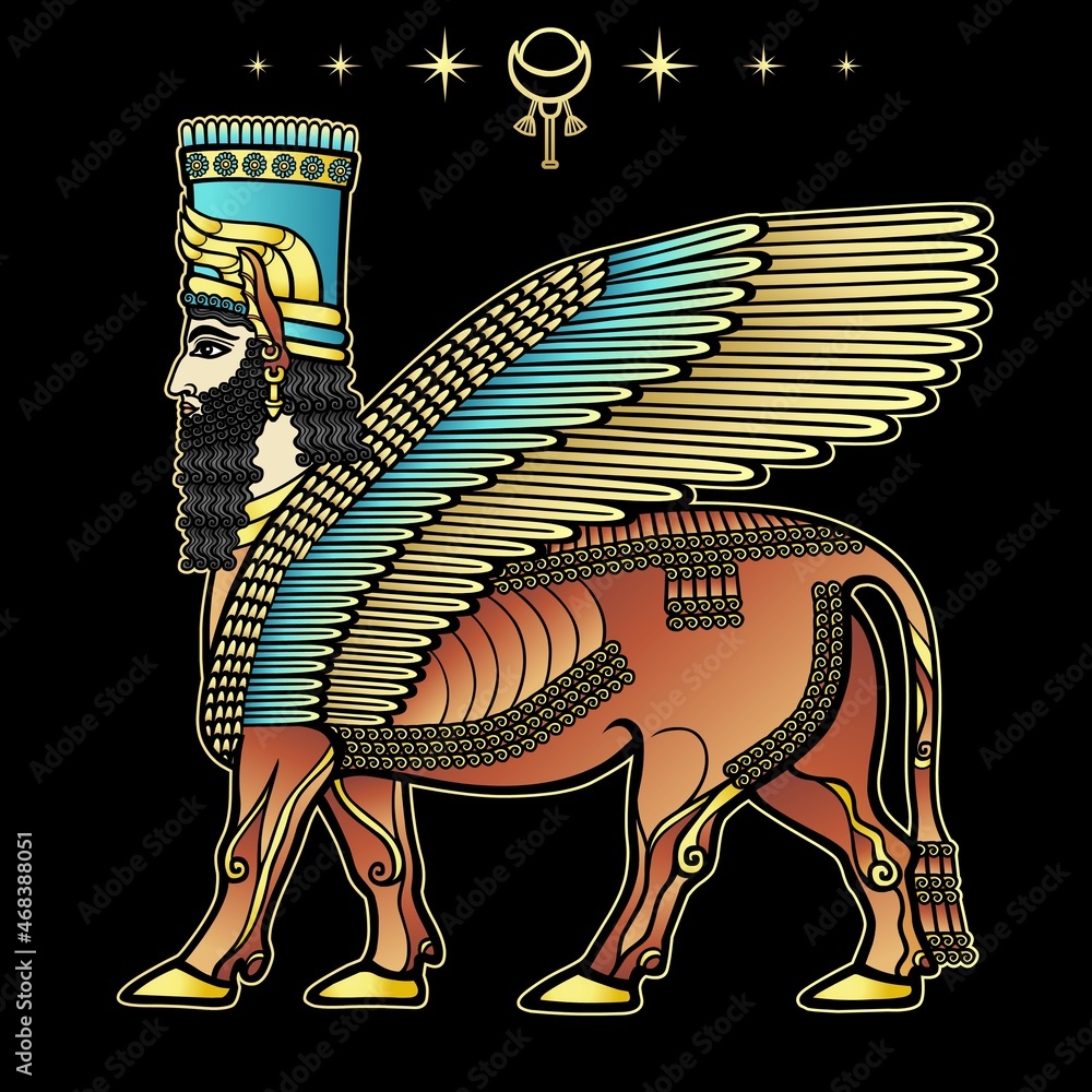 Animation drawing: image of the Assyrian mythical deity Shedu: a winged ...