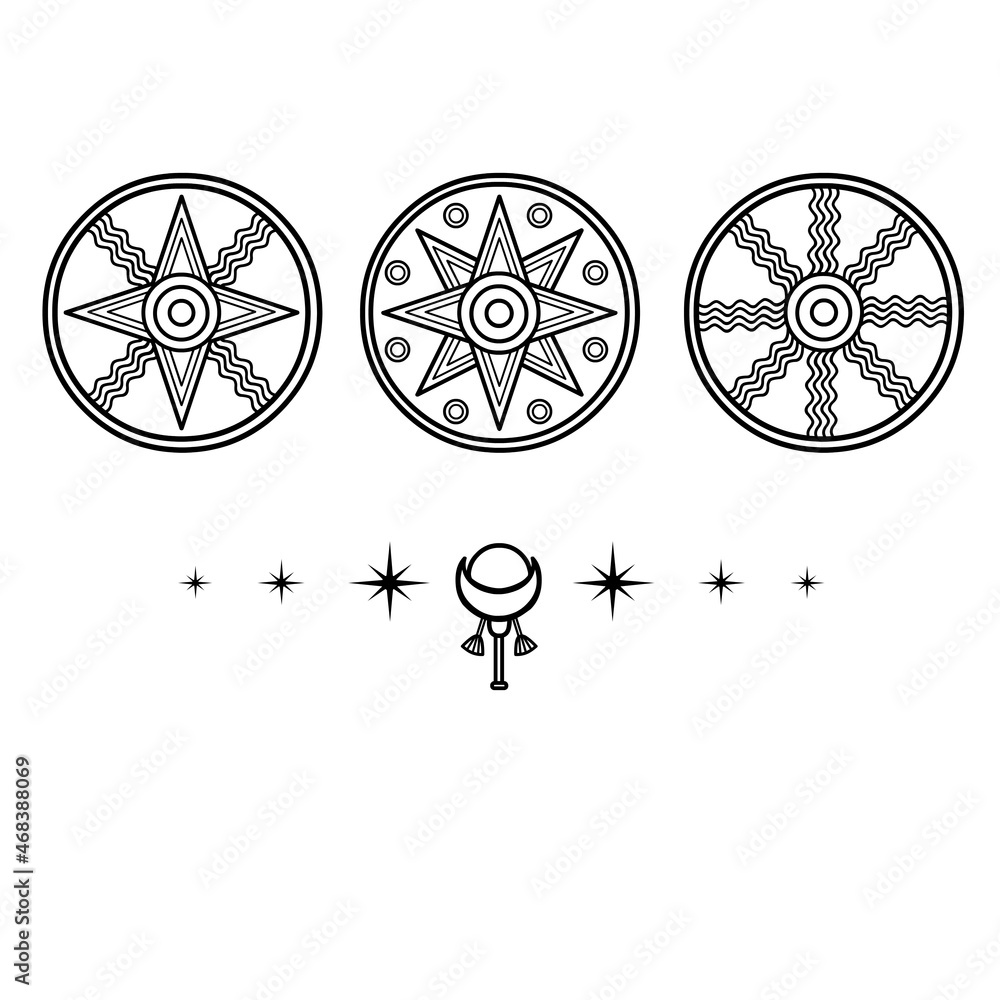 Cartoon drawing: ancient Sumerian symbols. Marduk, Shamash, Ishtar ...