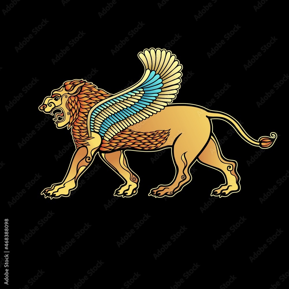 Cartoon color drawing: growling winged lion, a character in Assyrian ...