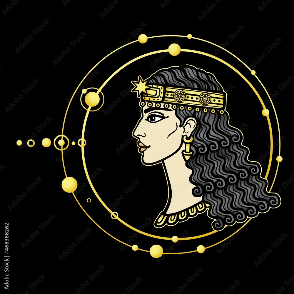 Cartoon color drawing: beautiful woman, character in Assyrian mythology ...