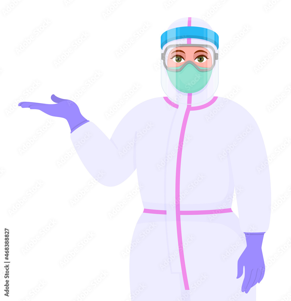 Female doctor in PPE suit presenting or pointing hand to copy space ...