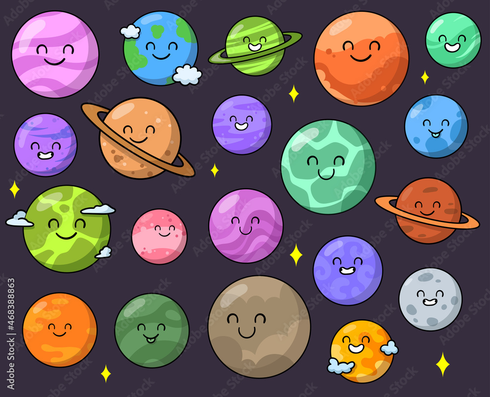 Cute happy planet cartoon characters sticker set. Collection of ...