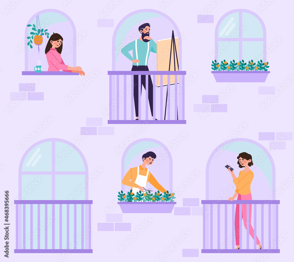 Concept of good neighborhood. Neighbors in open windows and balconies ...