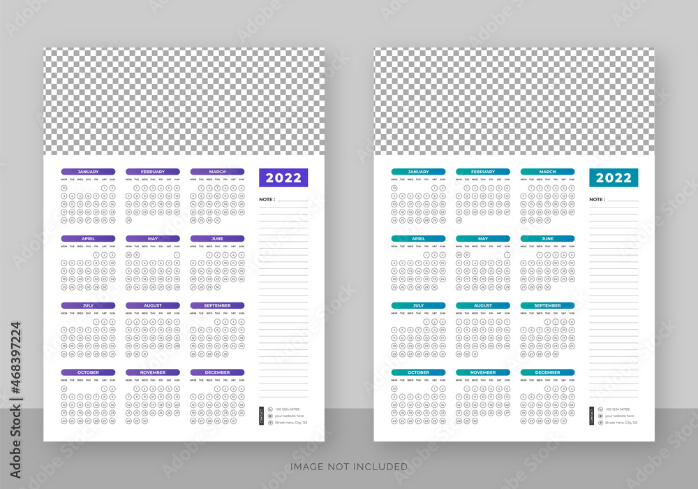 Calendar 2022 year set. Vector template collection. Simple design. Week ...