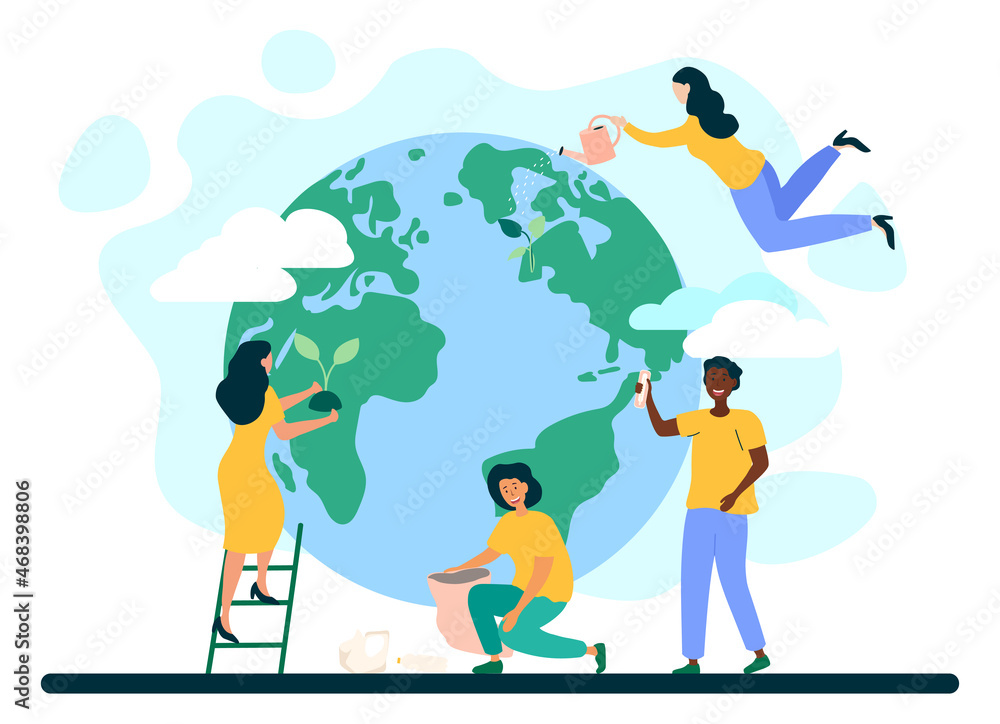 Saving planet concept. Young men and women take care of environment ...