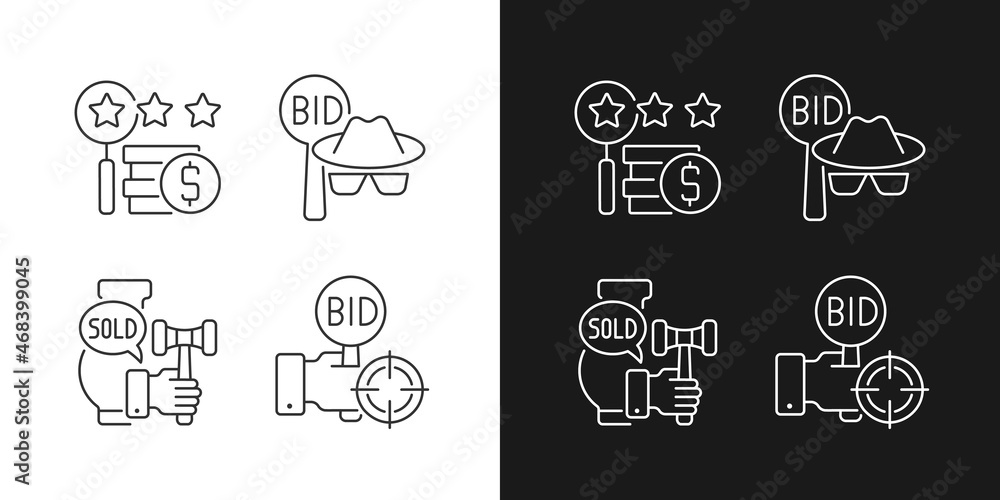 Auction components linear icons set for dark and light mode. Silent ...