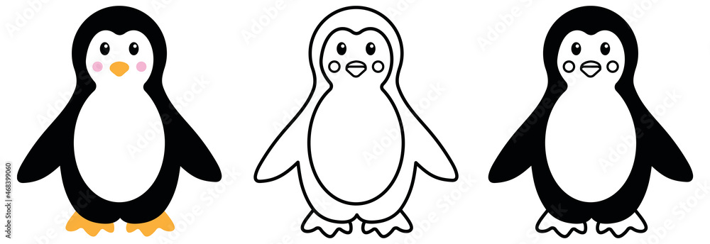 Cute Baby Penguin Clipart Set - Outline and Color Stock Vector | Adobe ...
