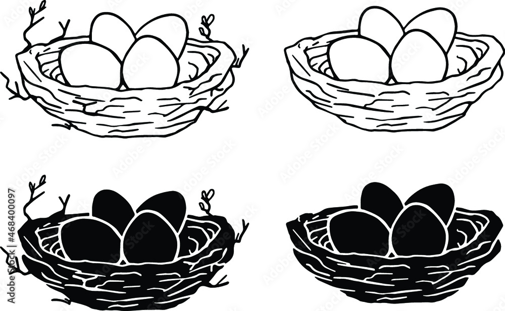 Birds Nest Clipart Set - Outline and Silhoutte Stock Vector | Adobe Stock