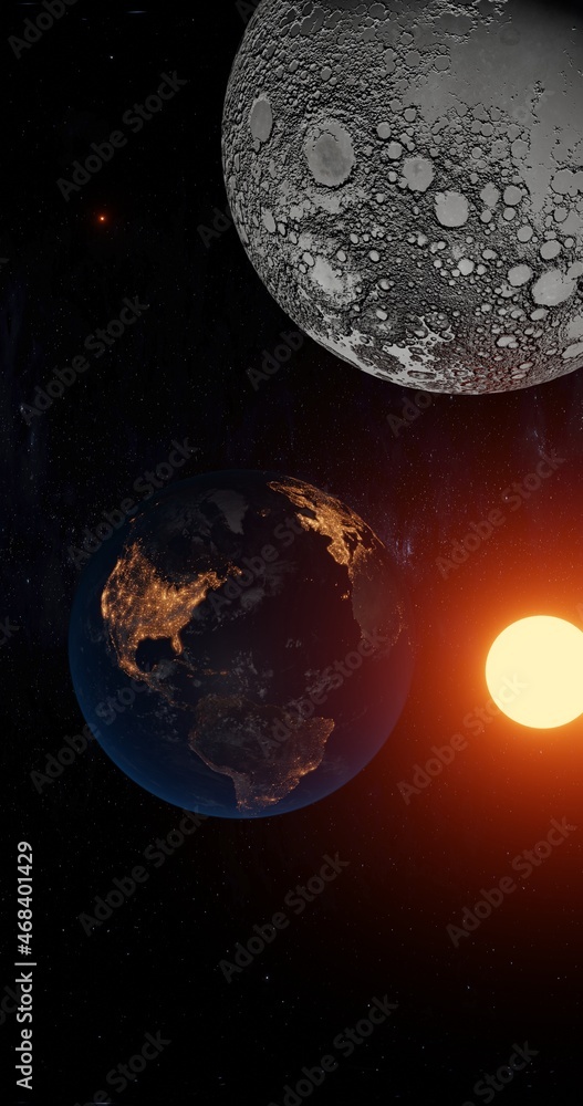 3d render, fantasy moon with craters close-up and earth map of America ...