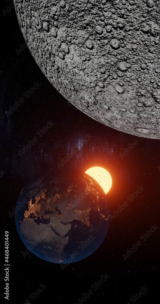 3d render, fantasy moon with craters close-up and earth map of europe ...