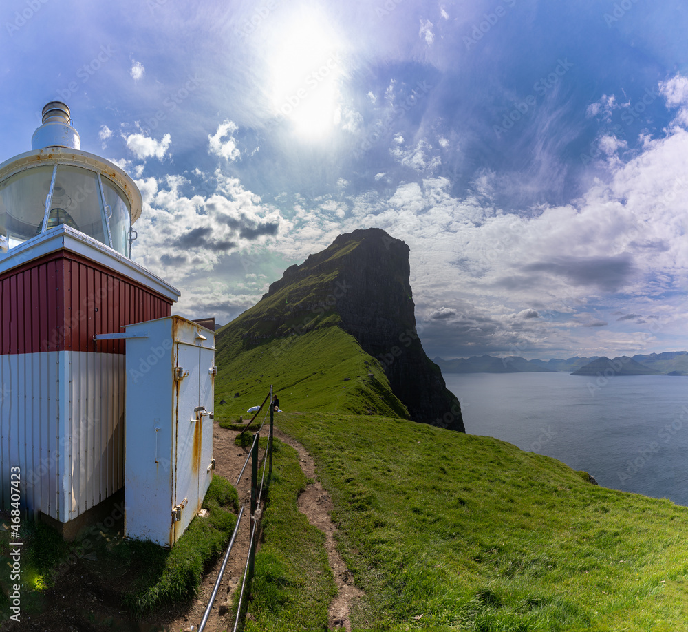 Beautiful aerial view of the Kallur Lighthouse in the Faroe Islands ...