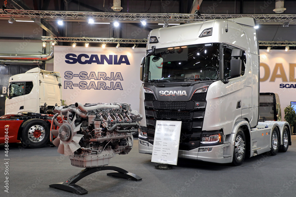 White Next Generation Scania R580 Truck and V8 Engine on Display Stock ...