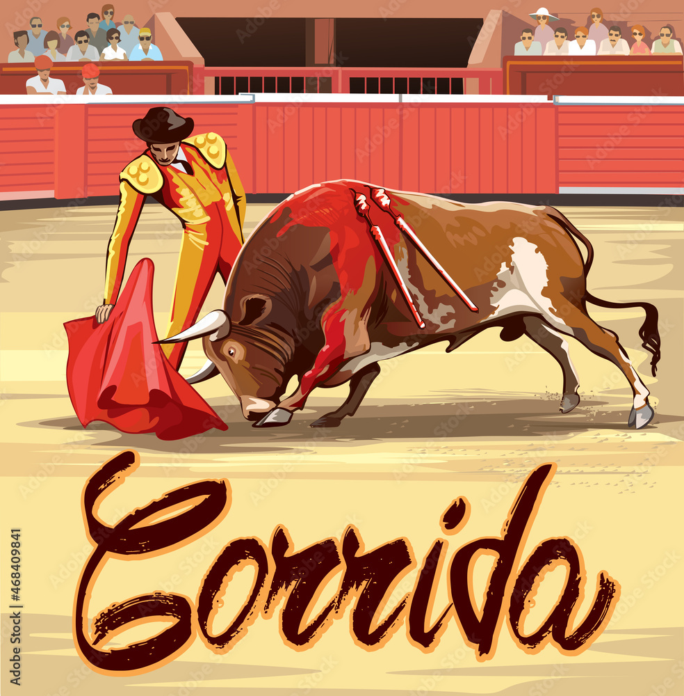 Corrida in Spain, vector illustration of bull and toreador. Poster of ...