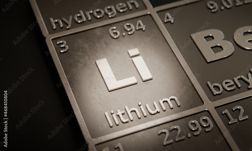 Highlight on chemical element Lithium in periodic table of elements. 3D ...