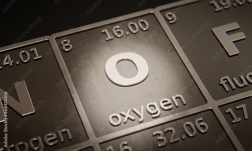 Highlight on chemical element Oxygen in periodic table of elements. 3D ...