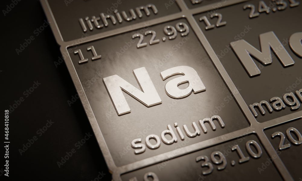 Highlight on chemical element Sodium in periodic table of elements. 3D ...