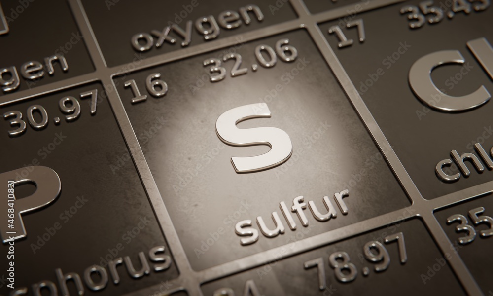 Highlight on chemical element Sulfur in periodic table of elements. 3D ...