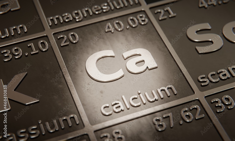 Highlight on chemical element Calcium in periodic table of elements. 3D ...