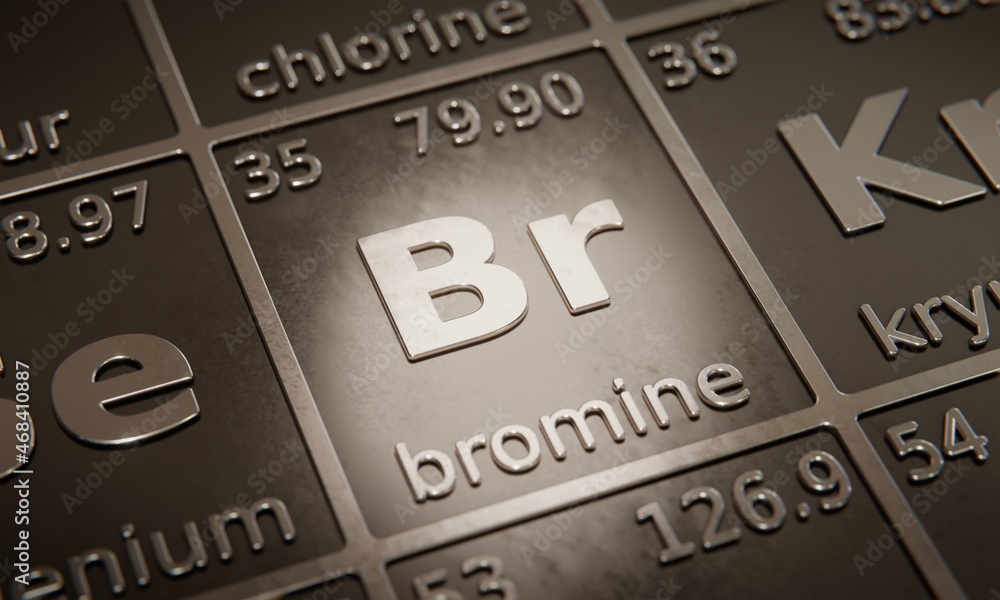 Highlight on chemical element Bromine in periodic table of elements. 3D ...