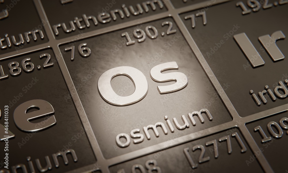 Highlight on chemical element Osmium in periodic table of elements. 3D ...