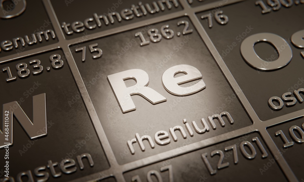 Highlight on chemical element Rhenium in periodic table of elements. 3D ...