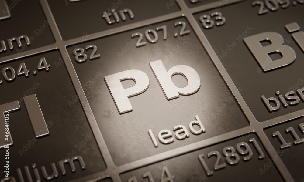Highlight on chemical element Lead in periodic table of elements. 3D ...