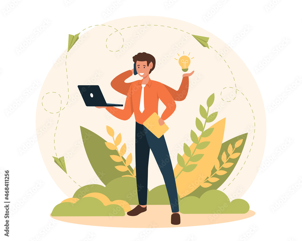 Man doing multi tasks. Metaphor of hardworking employee, businessman ...