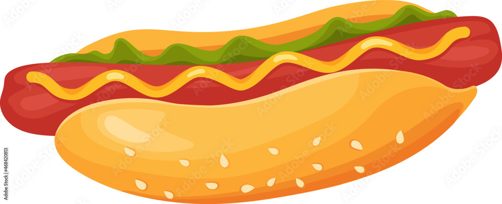 Hot dog with ketchup and mustard sauce. Vector hot dog with sausage and ...
